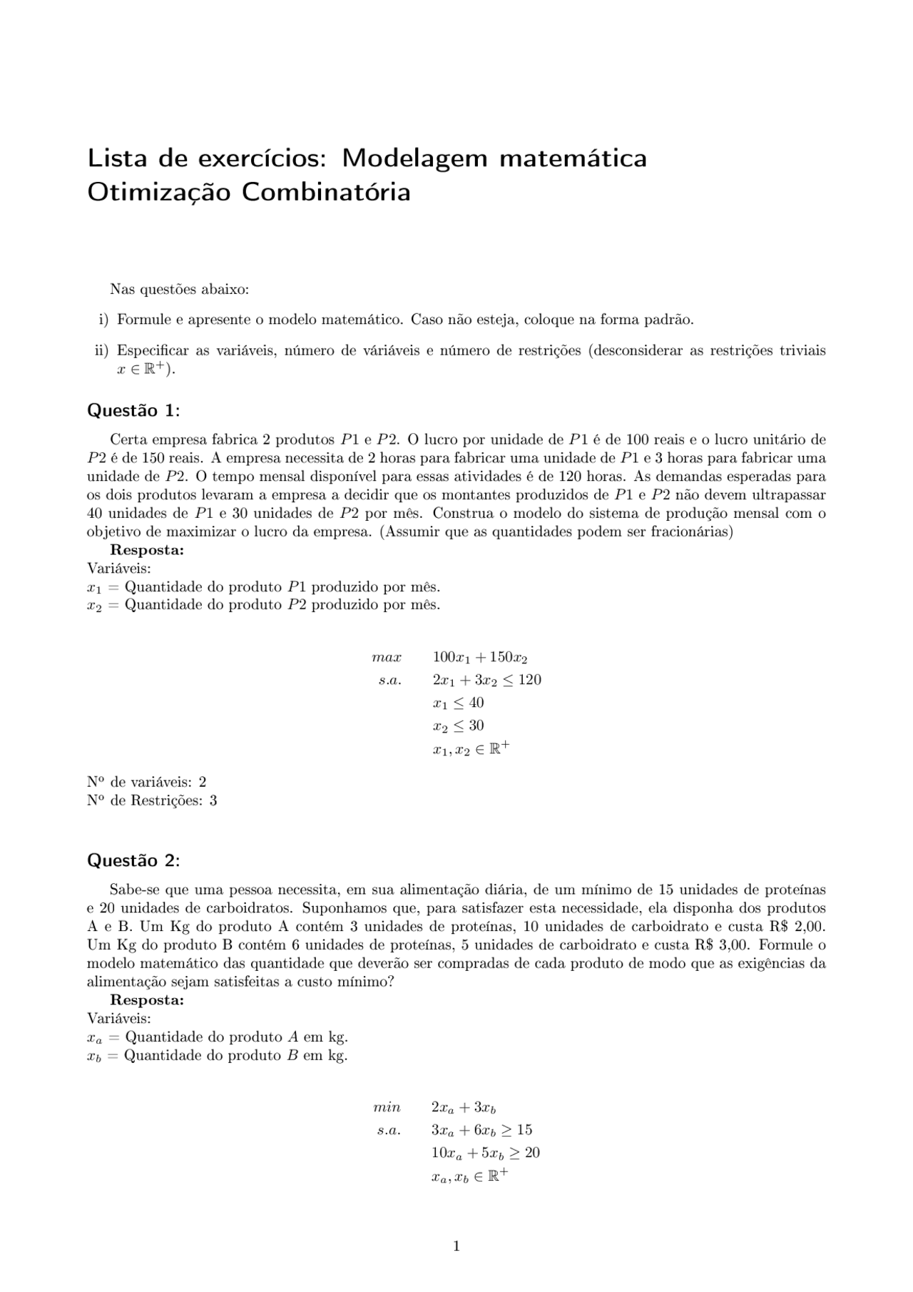 Lista De Execícios Modelo Matemático De Programação Linear Ta De
