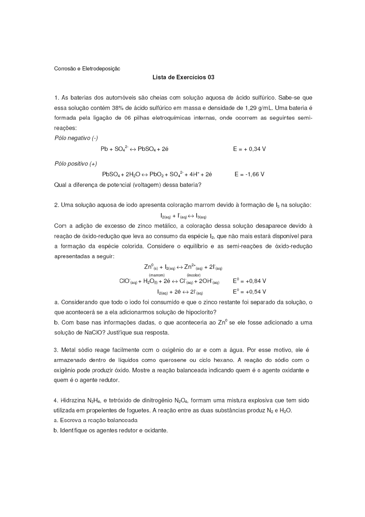 Lista 3 Corrosão Lista De Exercicíos Corrosão Docsity