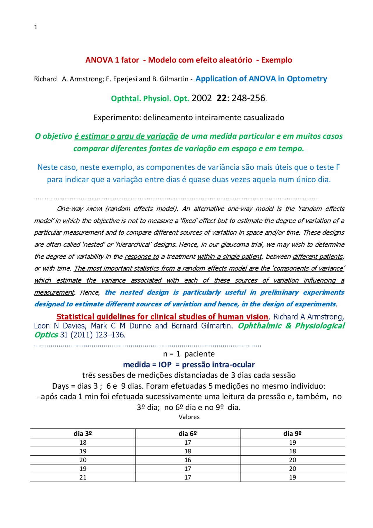 ANOVA 1 fator Exemplo - Modelo com Efeito Aleatório Versão 2014 - ANOVA efeito aleatório - Docsity