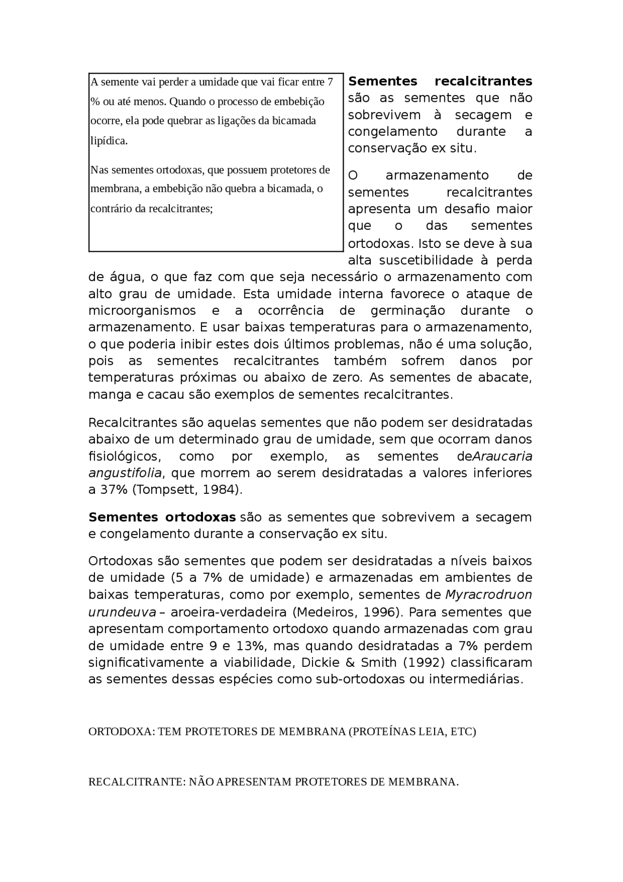 Sementes recalcitrantes e ortodoxas - --------------------------- - Docsity