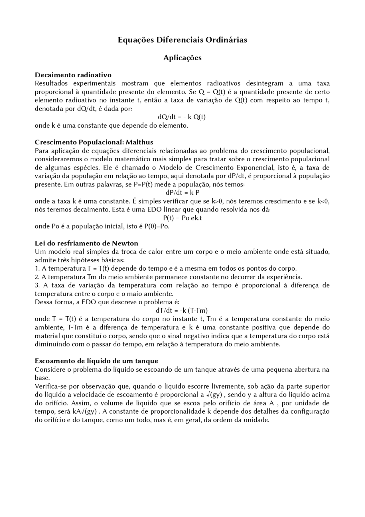 Equações Diferenciais Ordinárias Resumo E Lista De Exercícios Docsity