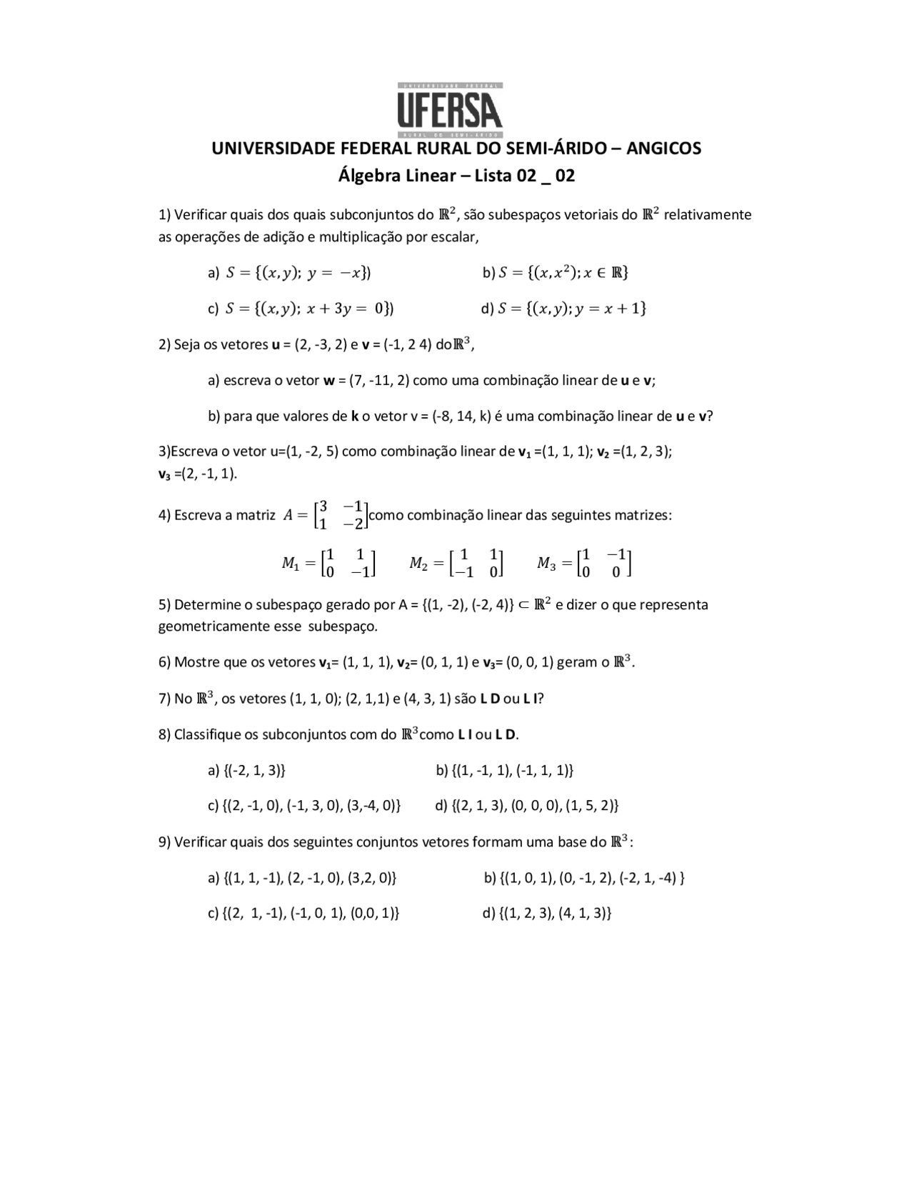 Álgebra Linear Lista 02 02 Álgebra Linear Lista 02 02 Docsity
