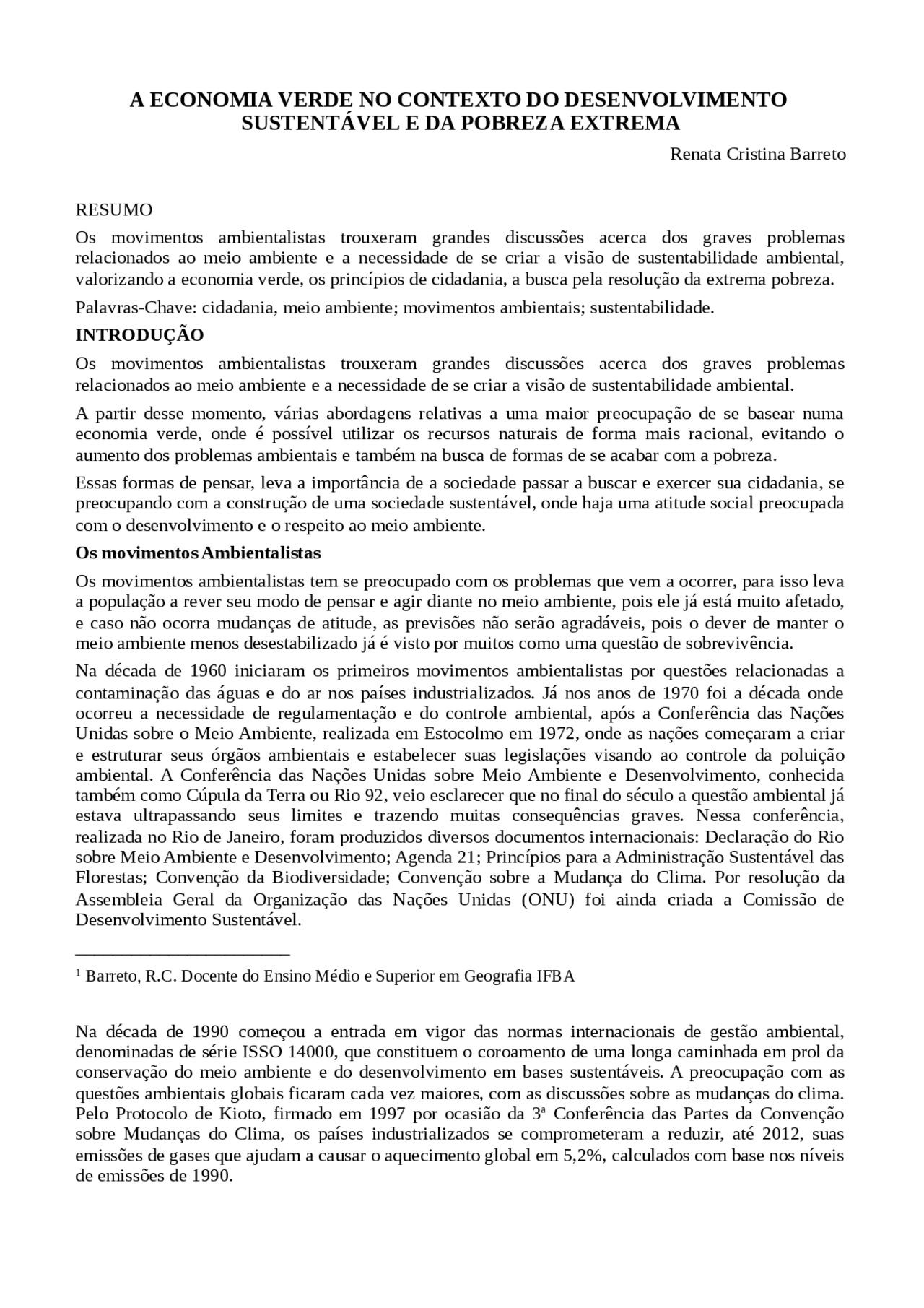 A Economia Verde No Contexto Do Desenvolvimento Sustentável E Da