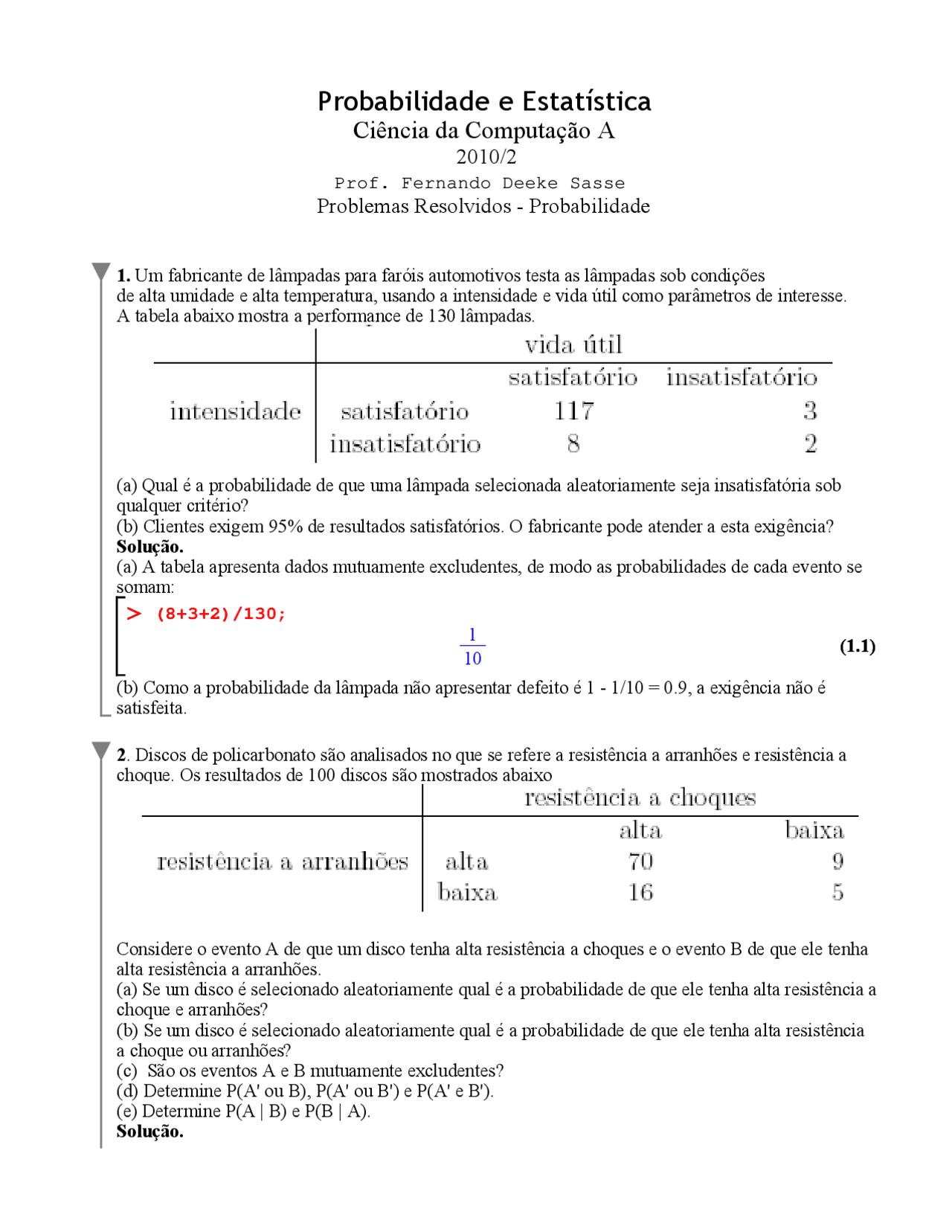 Probablidade Lista1 Sol Probablidade E Estatistica Docsity