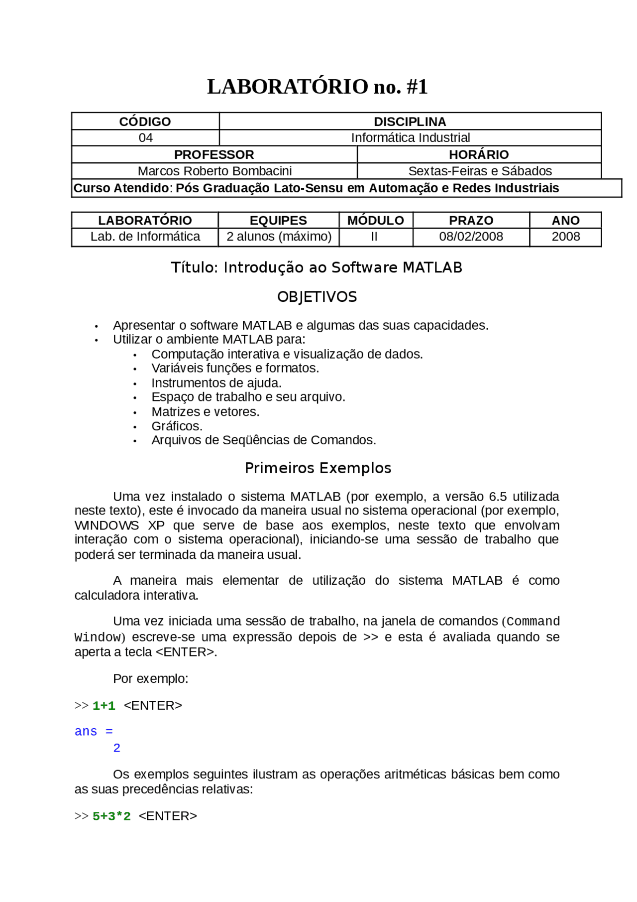Curso Matlab Primeiro Laboratrio Introduo Ao Software Matlab