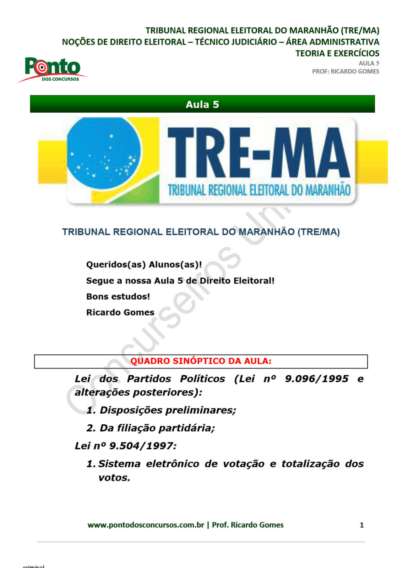 Nocoes De Direito Eleitoral P Tre Ma Aula 5 Curso De