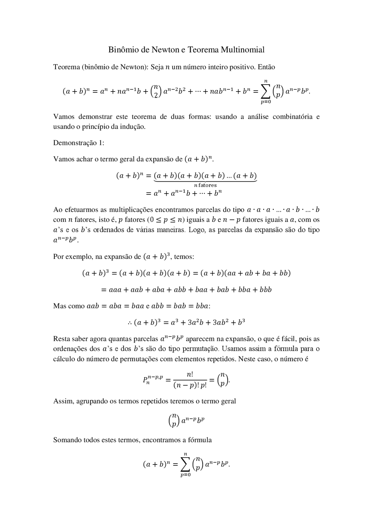 Binômio de Newton e Teorema Multinomial - Binômio de Newton e Teorema ...