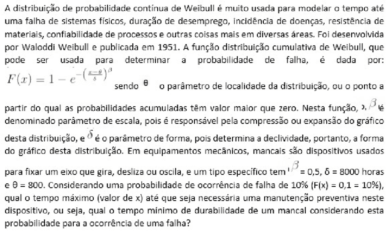 Distribuição de Weibull - Exercício de distribuição de Weibull - Docsity