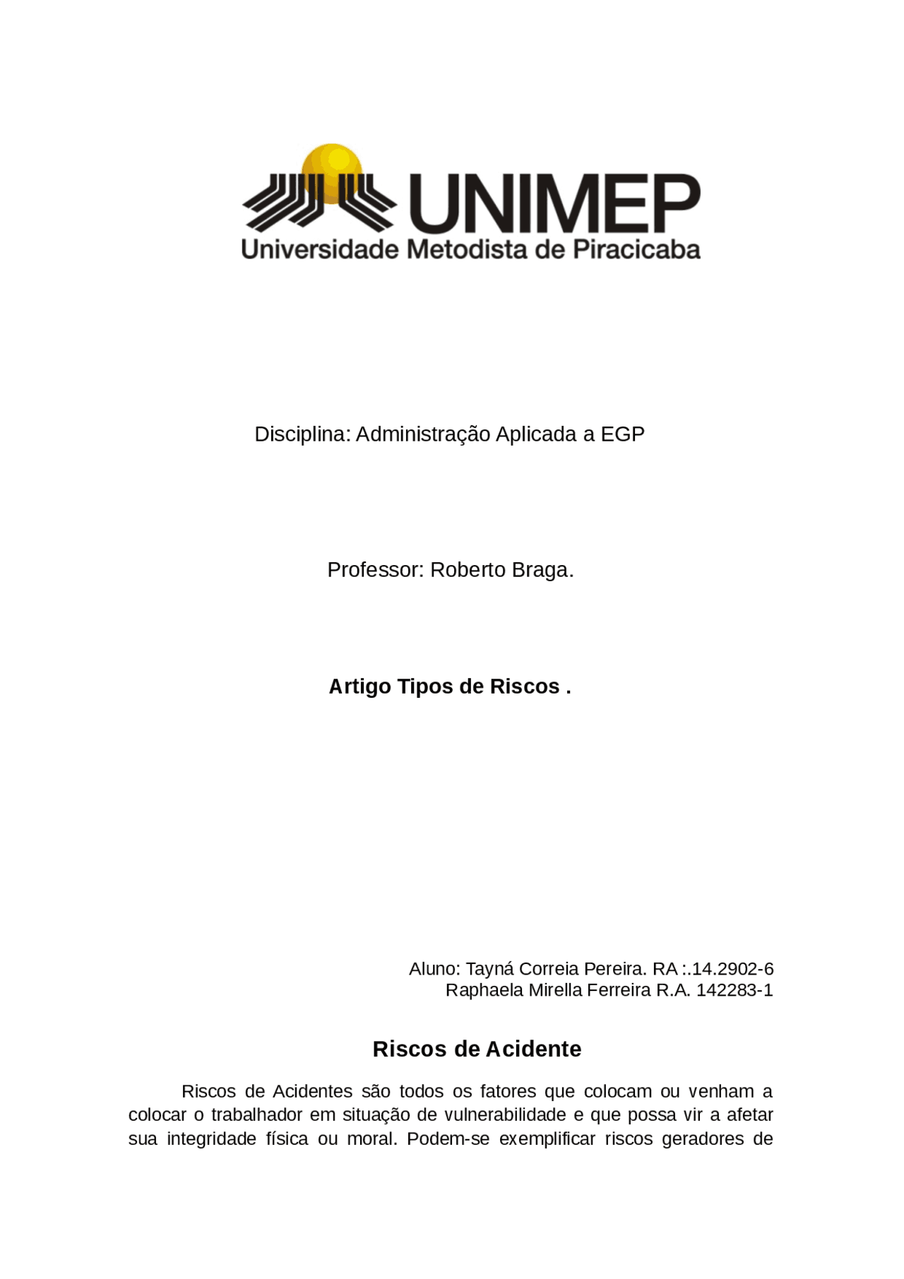 Artigo Tipo De Riscos Tipo De Riscos Docsity