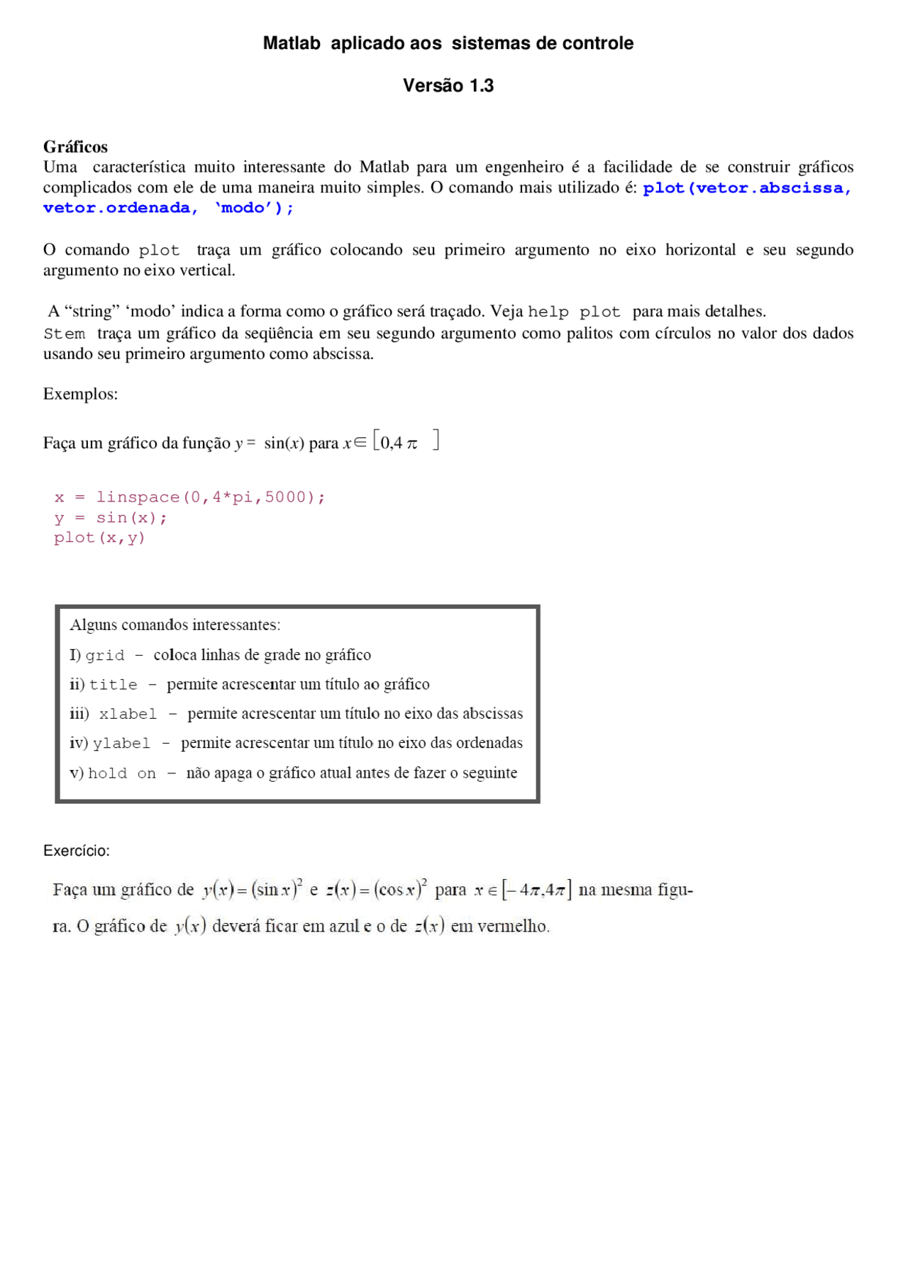 Resumo De Matlab Aplicado Ao Controle V1 3 Resumo Matlab Docsity