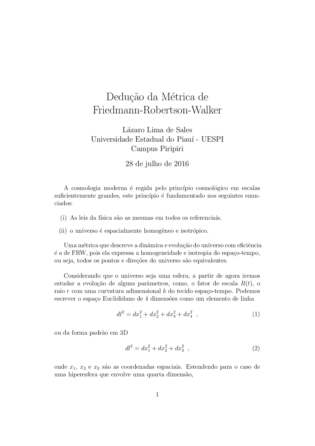 Dedução da Métrica FRW (Friedmann-Robertson-Walker) - Lázaro Lima de ...