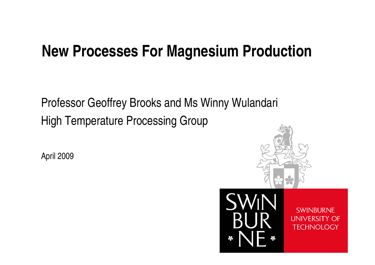 Magnesium Production - Deakin - April 2009 - New Processes For ...