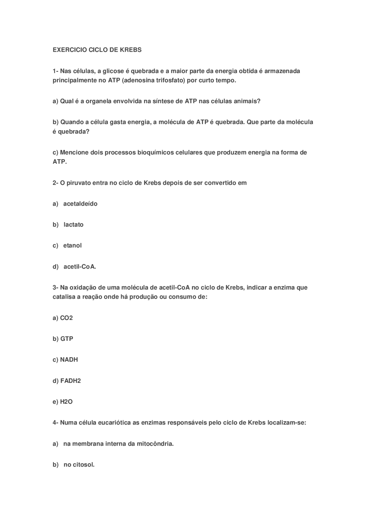 Exercicio Ciclo De Krebs Ciclo De Krebs Docsity