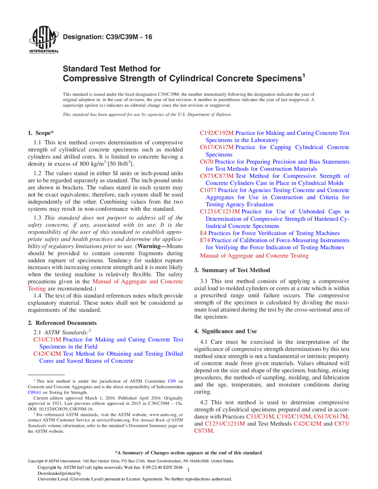 Astm C39c39m 16 Compressive Strength Of Cylindrical Concrete Specimens Docsity
