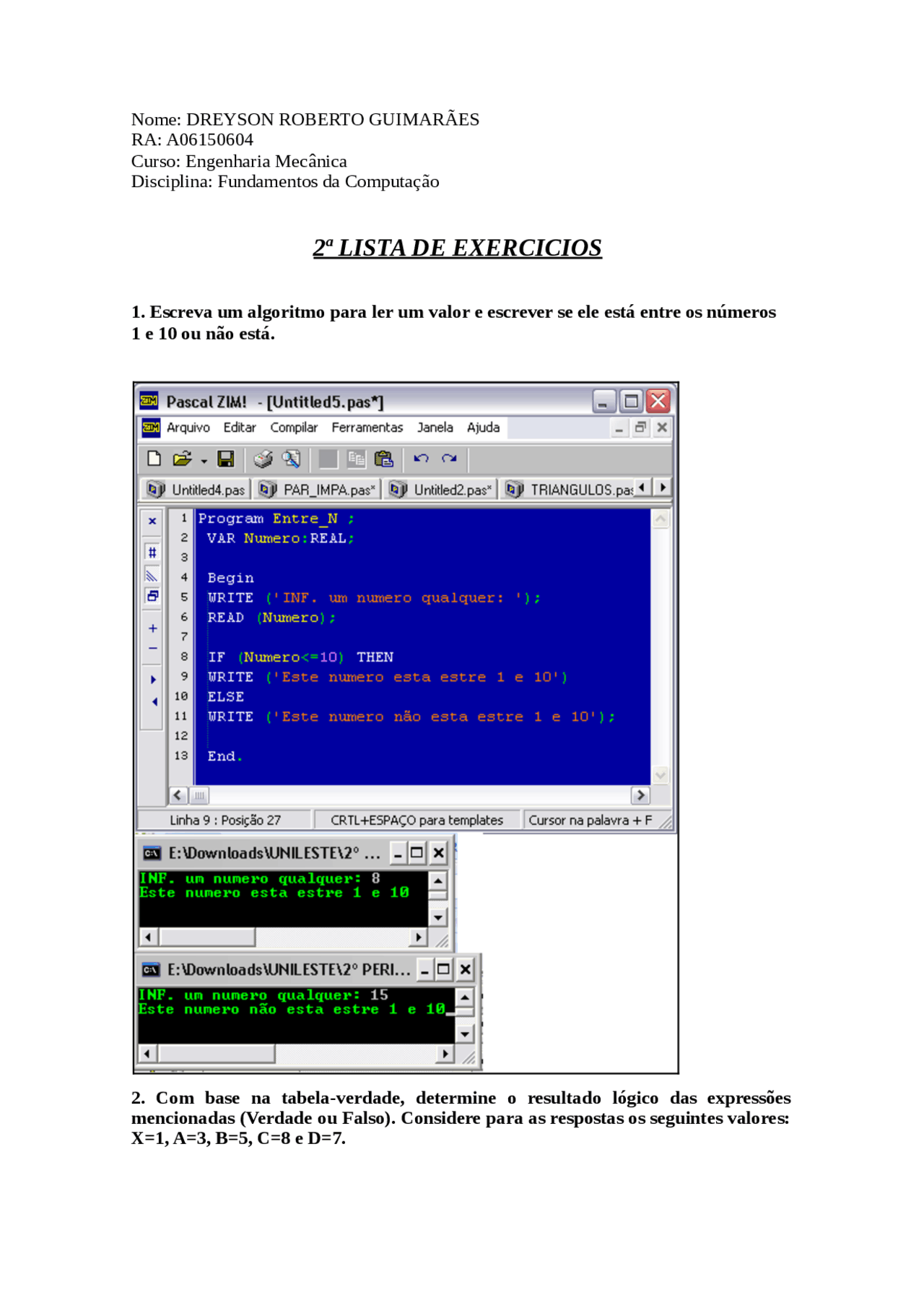 Fundamentos Da Computação 2ª Lista De Exercicio Docsity