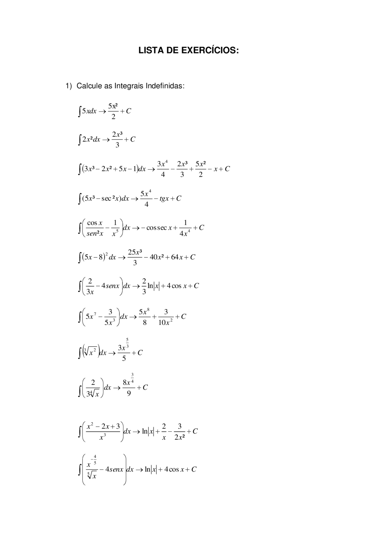 Integrais - lista - Integrais e seus métodos - Docsity