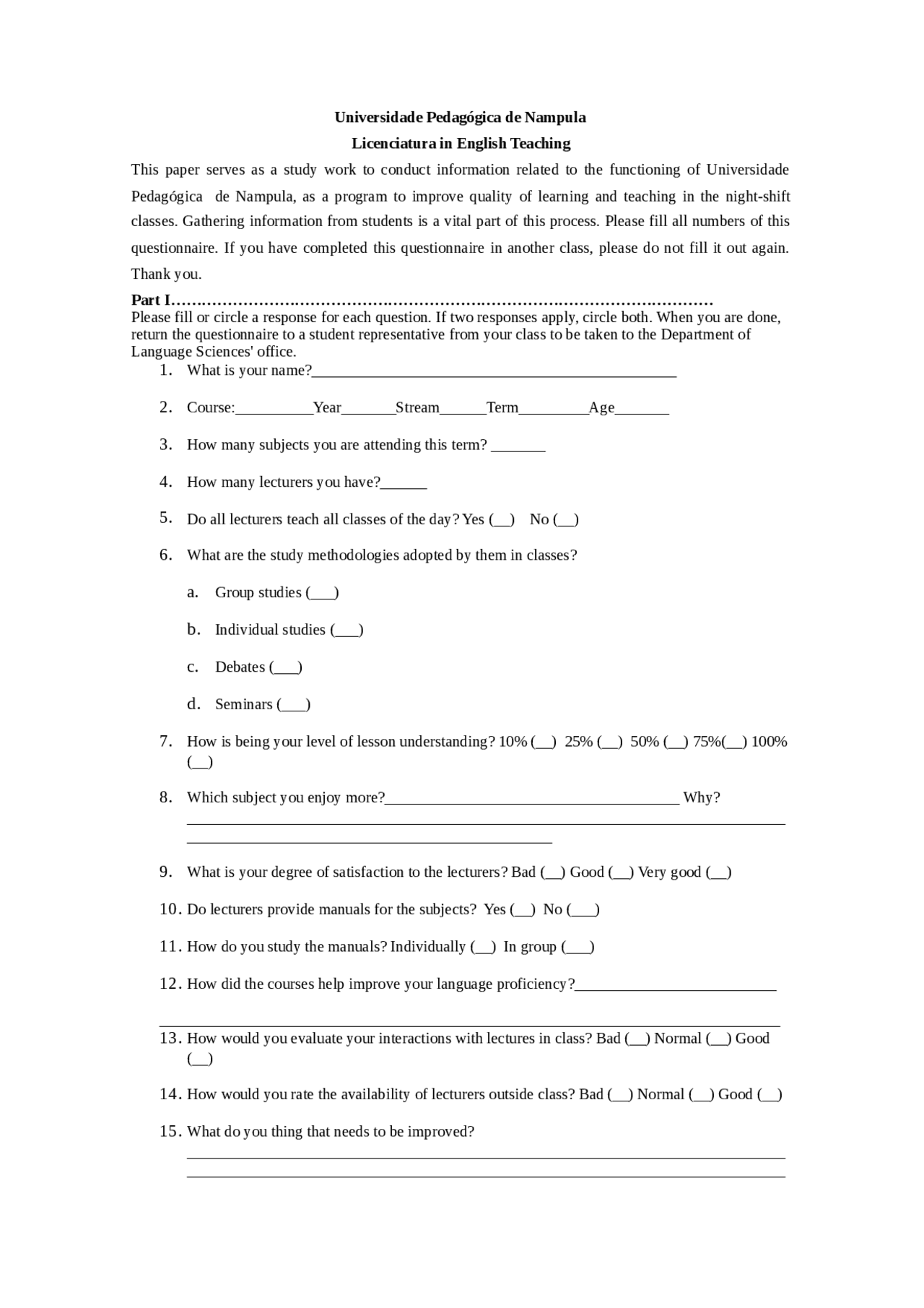 Sample Questionnaire Example As Sample Questionnaire Docsity