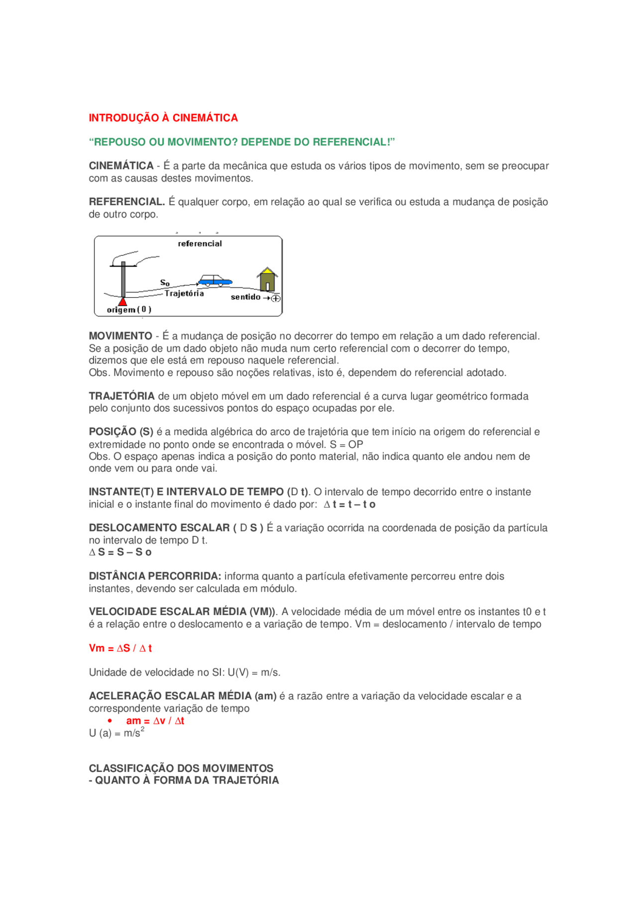 Resumo: Introdução à Cinemática - resumo de cinemática - Docsity