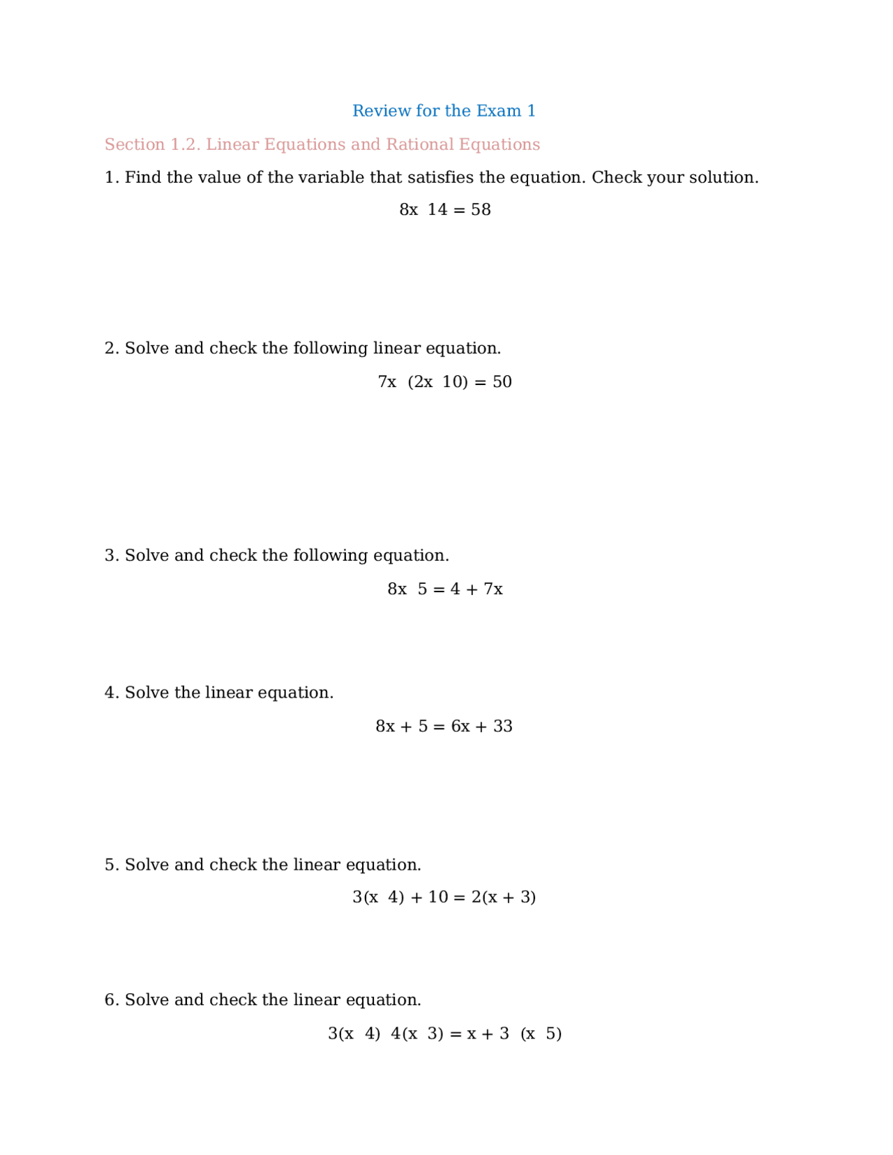 Linear Equations and Rational Equations: review for the exam 1 - Review ...