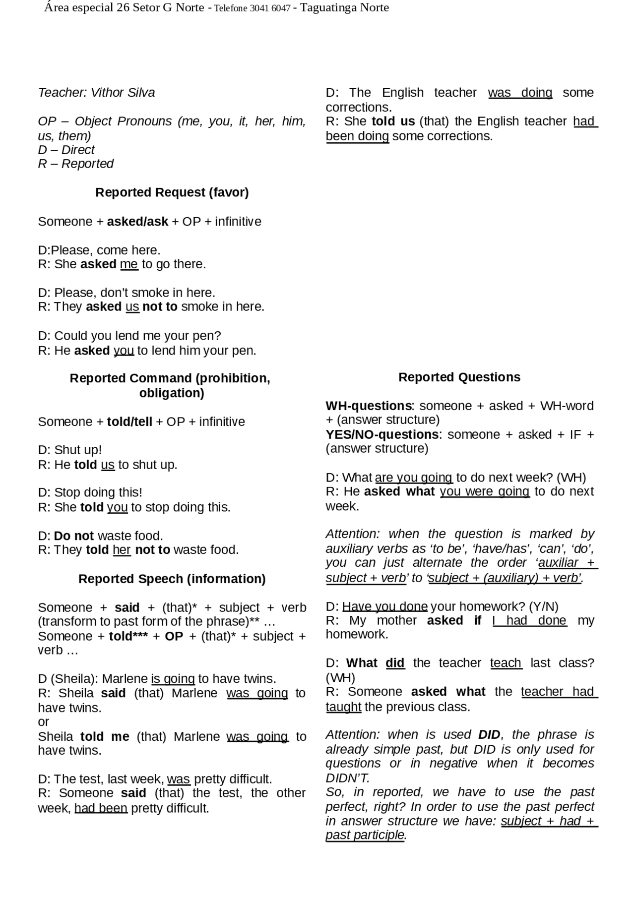 Reported Speech, Question, Request and Command - Resumo de Inglês - Docsity
