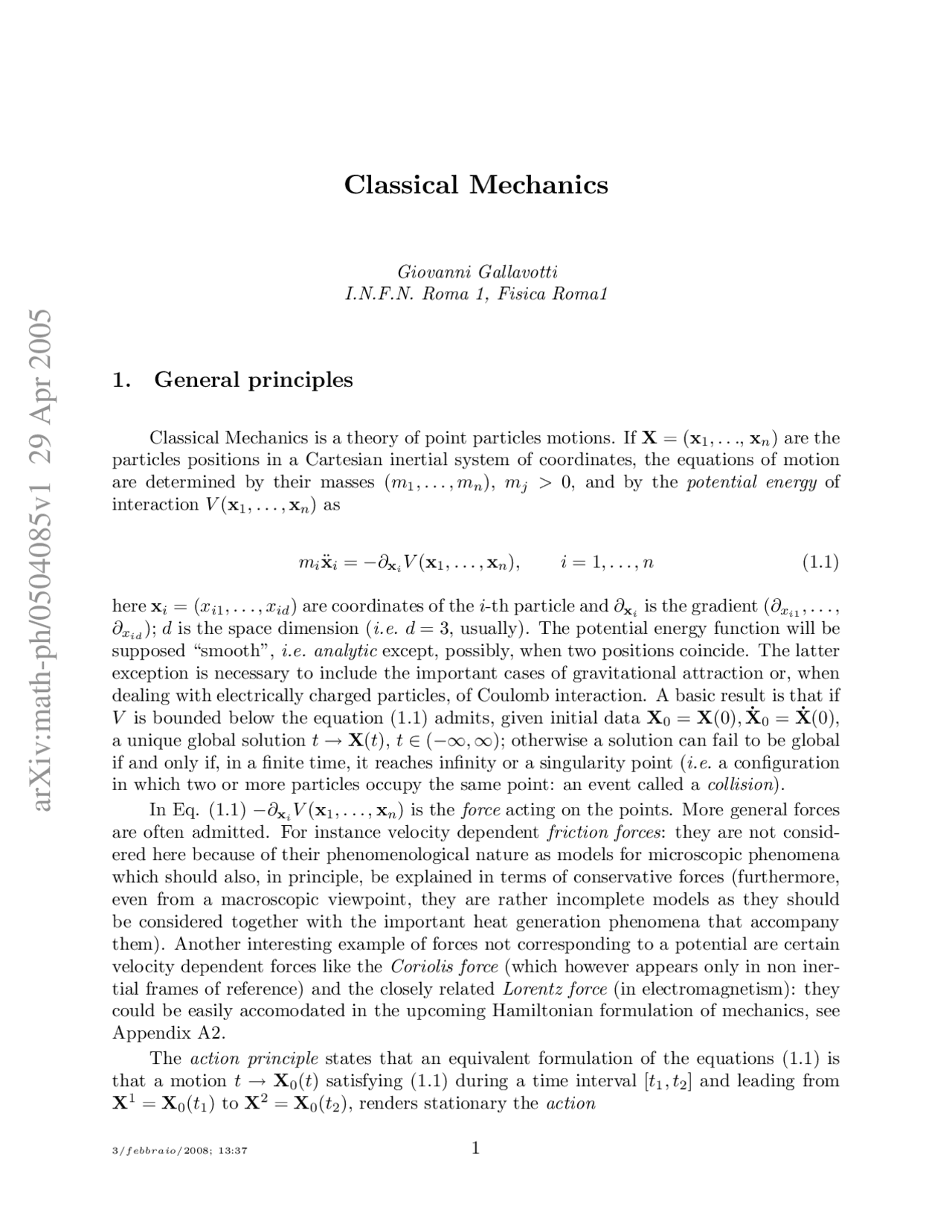 Giovanni Gallavott, Classical Mechanics i - Mecânica clássica - Docsity