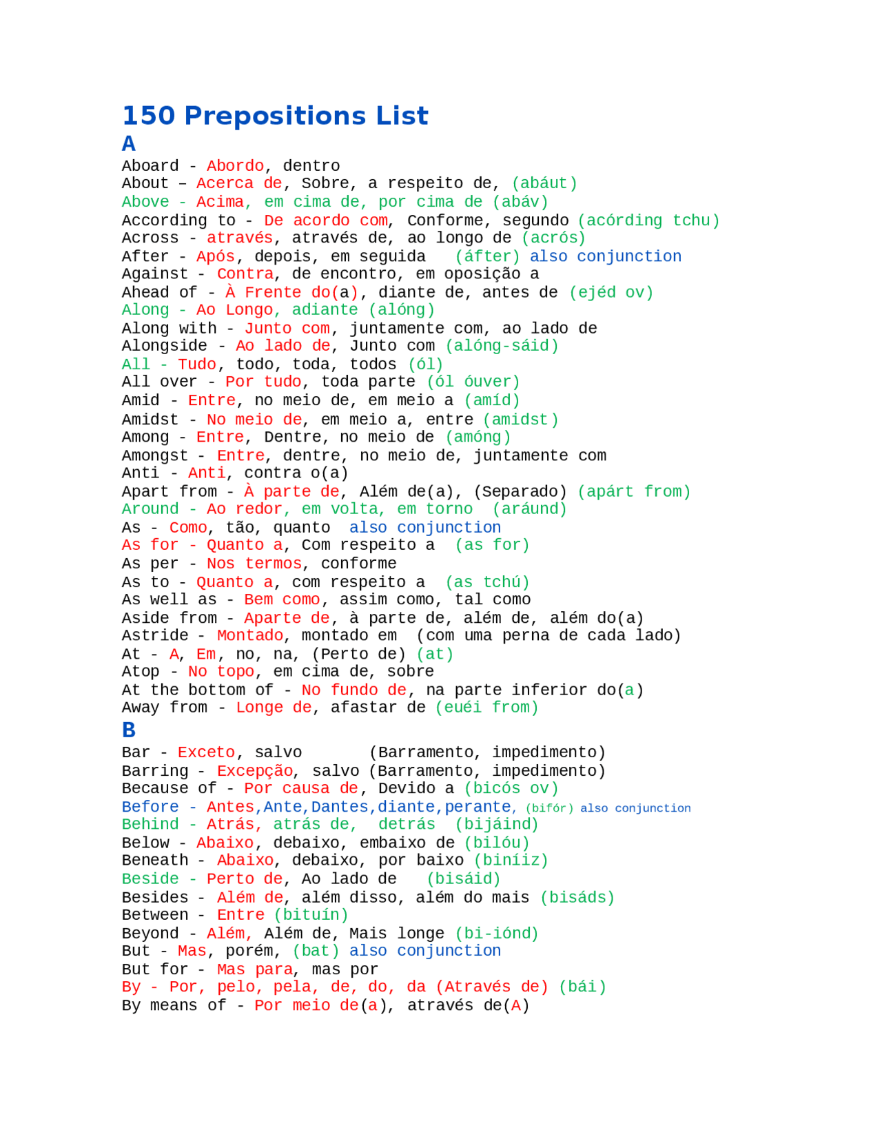Prepositions List - Preposições em inglês - Docsity