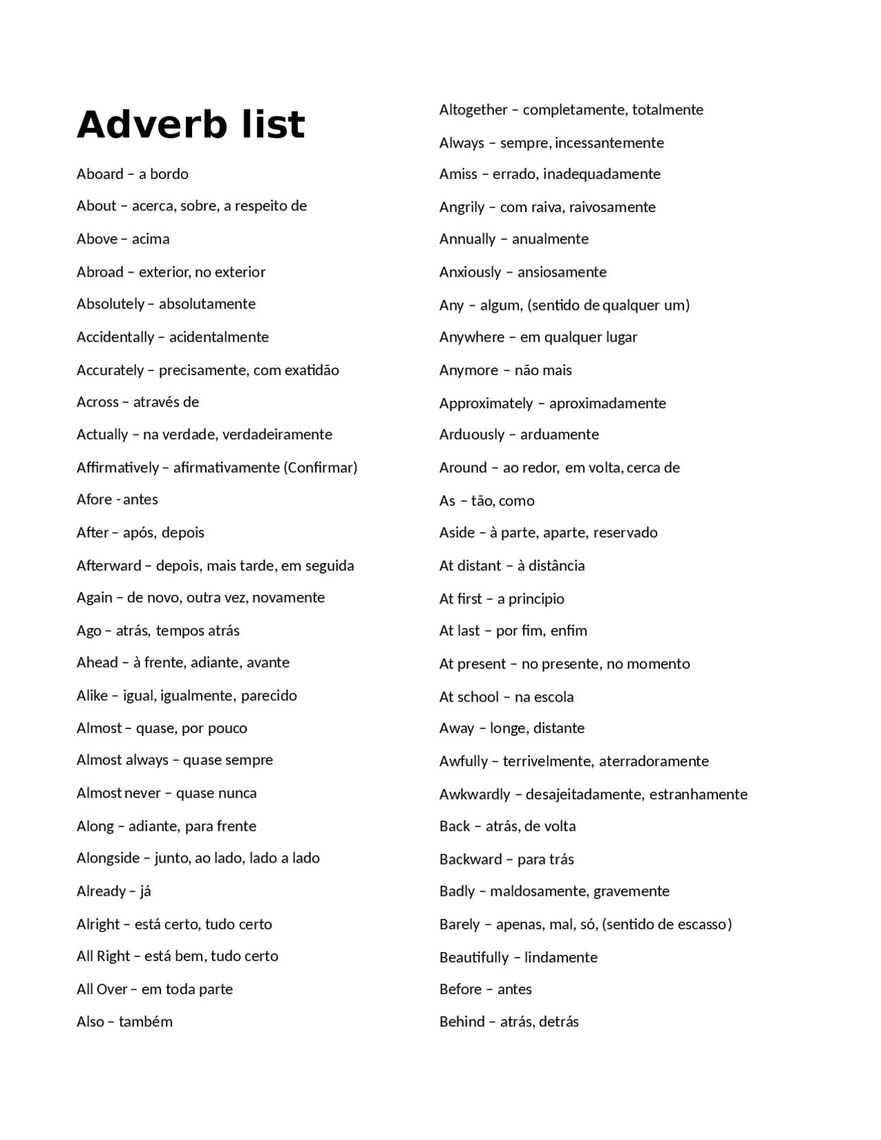 Adverbs List - Advérbios em inglês - Docsity
