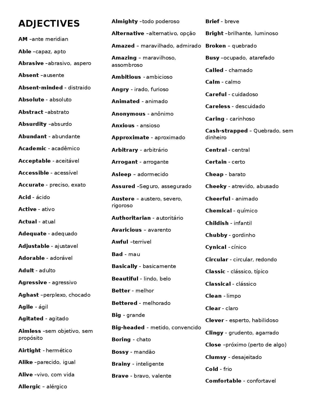 Adjectives List - Adjetivos em inglês - Docsity