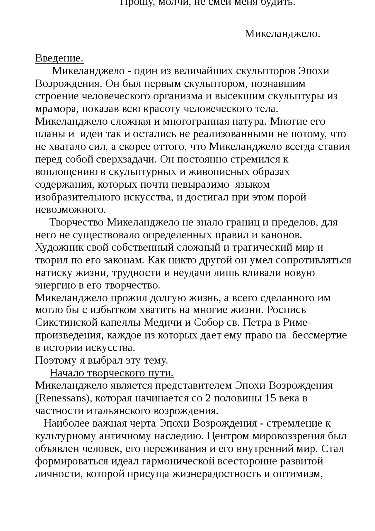 Микеланджело диплом по искусству и культуре Docsity