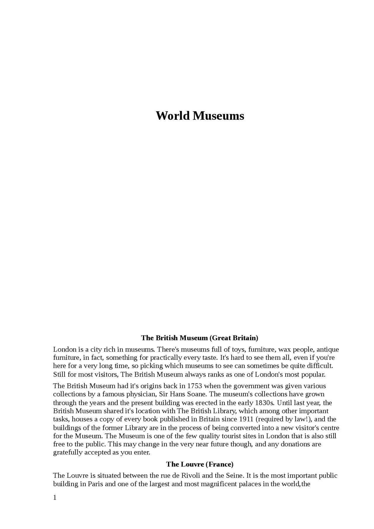 Музеи мира World Museums реферат по иностранным языкам на английском