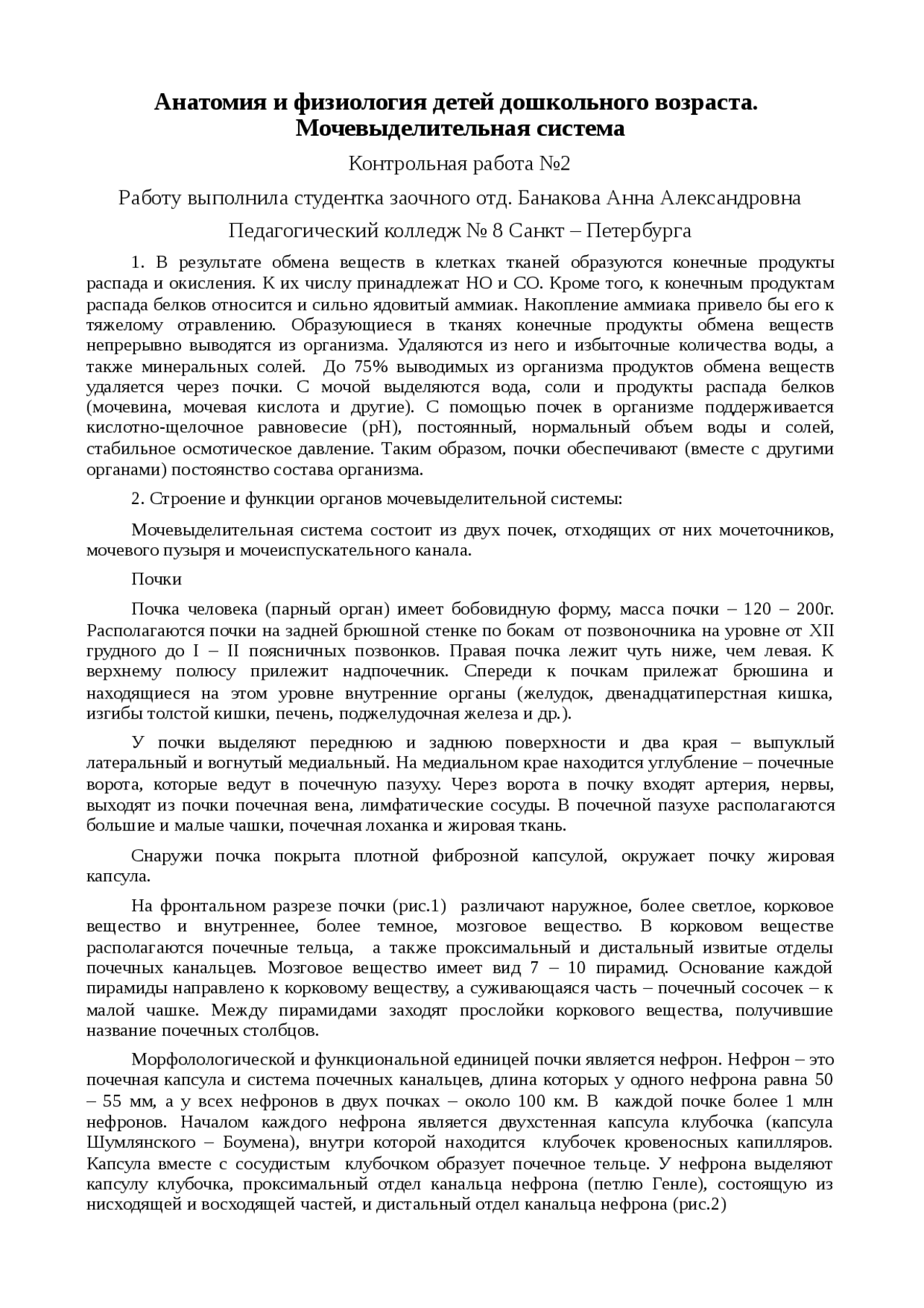 Анатомия и физиология детей дошкольного возраста Мочевыделительная