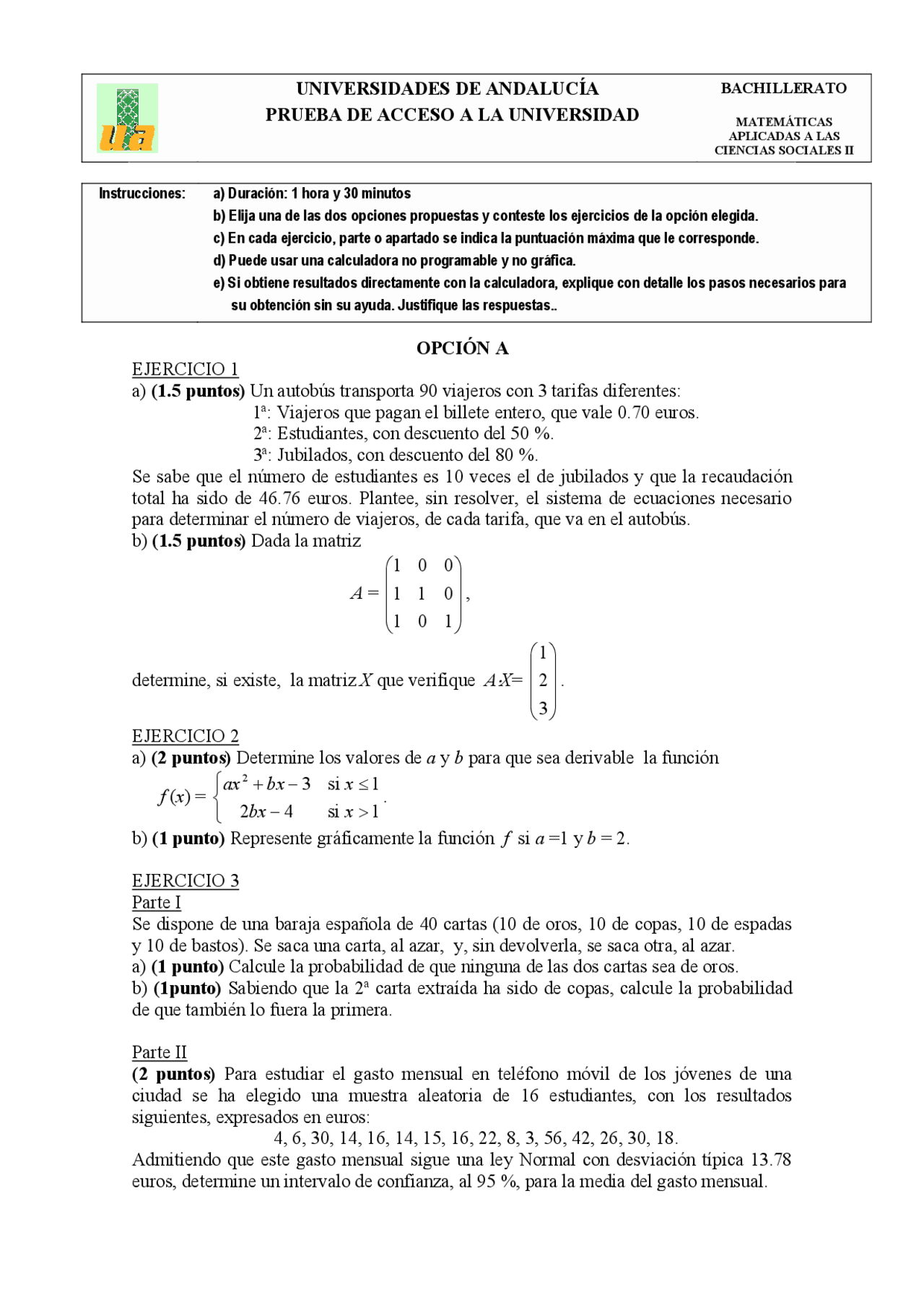 Examen de Matemáticas aplicadas a las Ciencias Sociales II - Selectividad Andalucia - Año 2002 ...