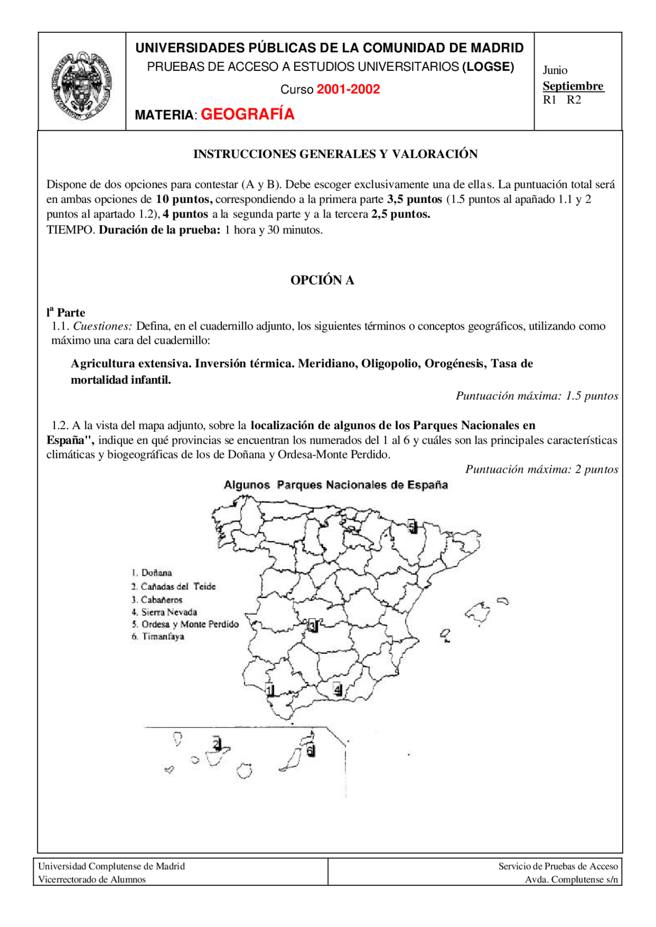 Examen de geografía Exámenes de Madrid - Septiembre 2002 - High school ...