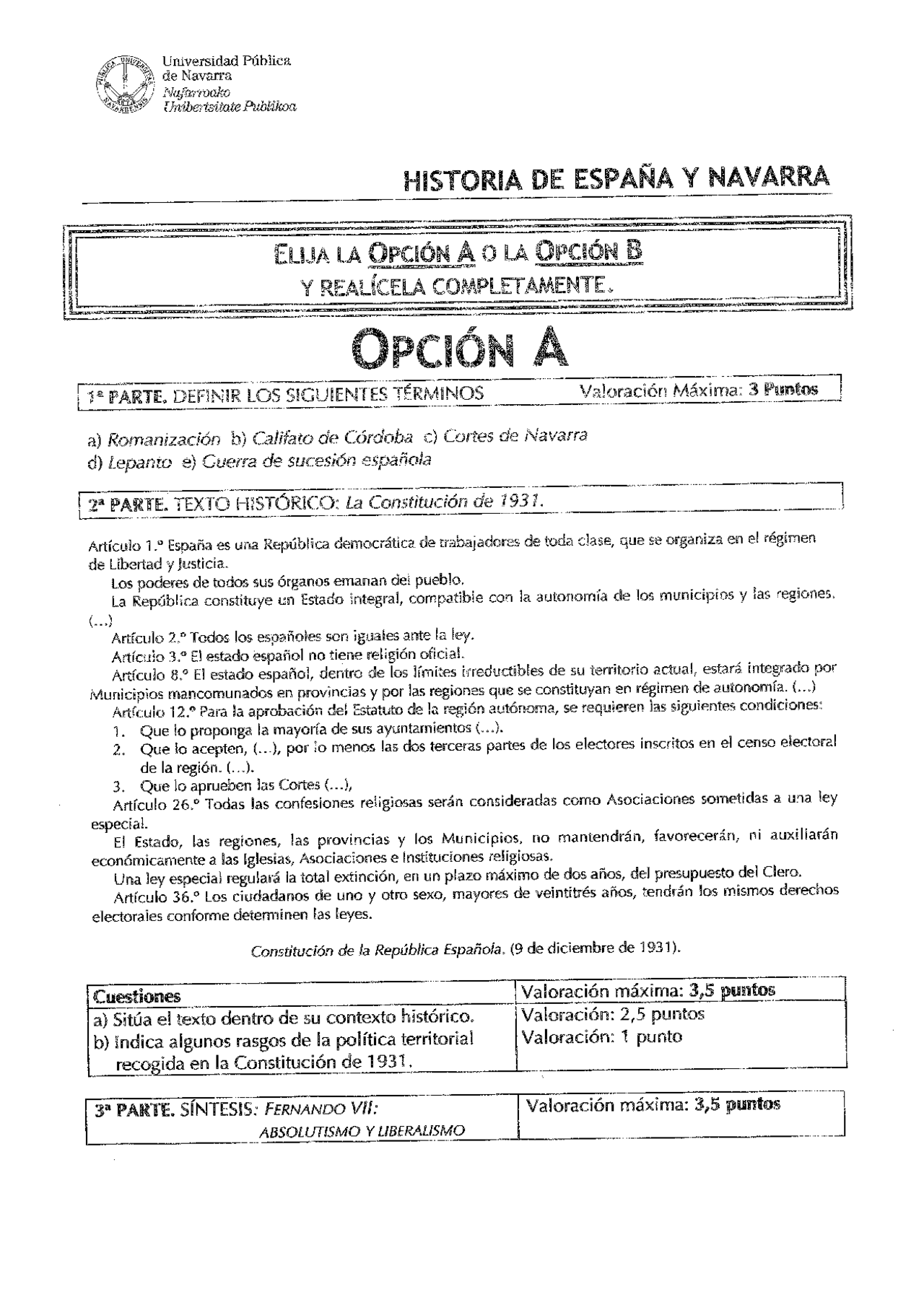 Examen de Historia de España - Selectividad Navarra - Septiembre 2007 ...