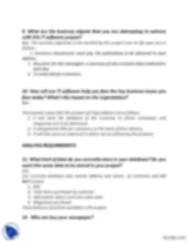 Business Objectives and Issues | Exercises Software Engineering | Docsity