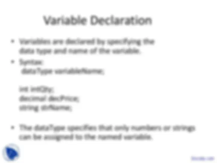 Variables and Calculations - C Sharp Programming - Lecture Slides | Slides C programming | Docsity