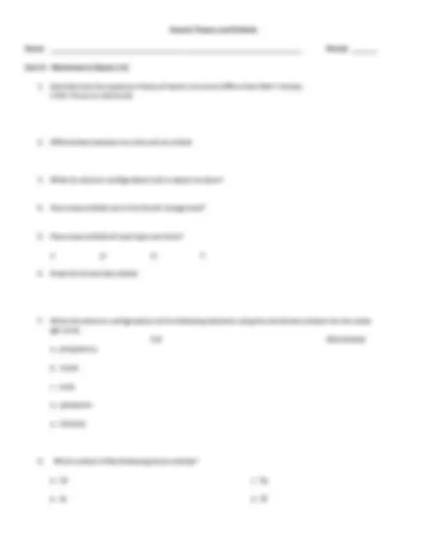 Unit 3 Worksheet Atomic Theory and Orbitals | Exercises Chemistry | Docsity
