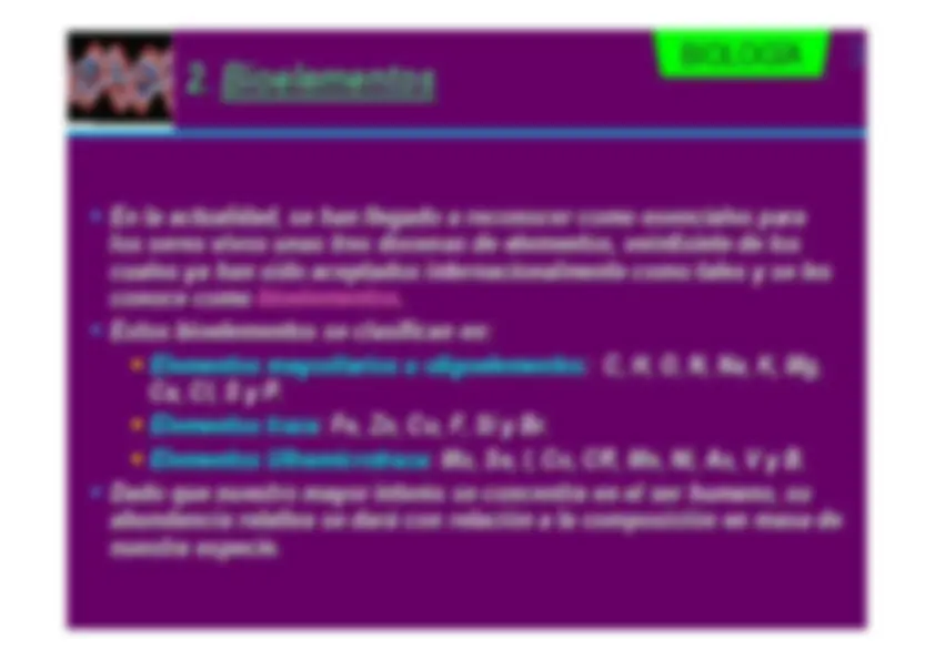 Bioquímica: Propiedades del Agua y Bioelementos | Diapositivas de Biología | Docsity