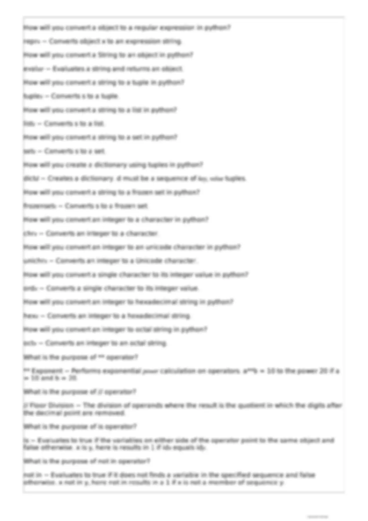 Phyton language interview Question | Summaries Computer Programming | Docsity