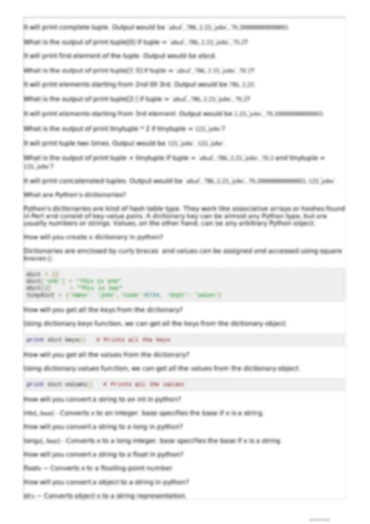 Phyton language interview Question | Summaries Computer Programming | Docsity