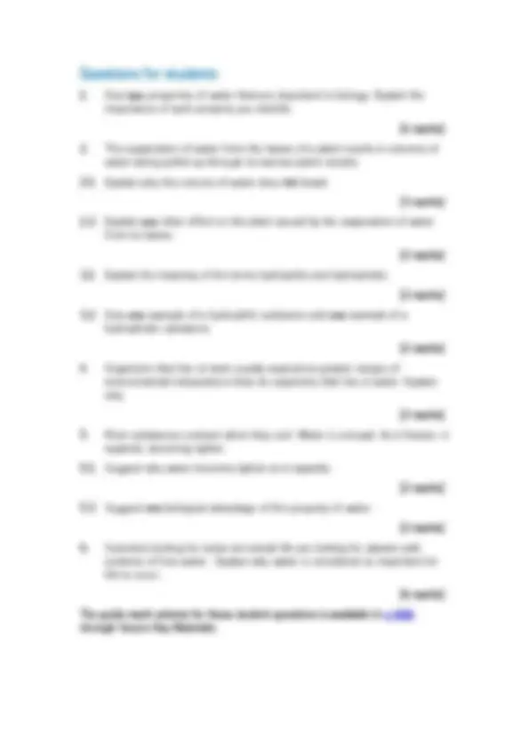 AS A-level Biology Teaching notes: Water | Study notes Biology | Docsity