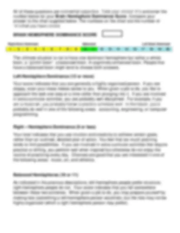 Brain Hemisphere Dominance Test | Lecture notes Dance | Docsity