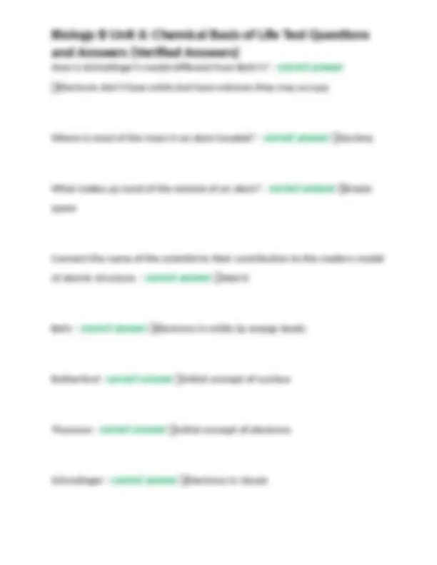Biology B Unit 6: Chemical Basis of Life Test Questions and Answers ...