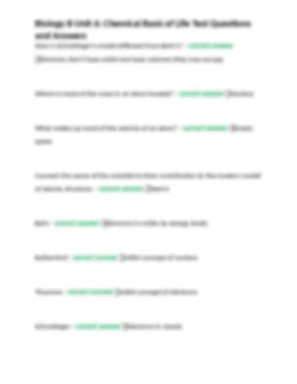 Biology B Unit 6: Chemical Basis of Life Test Questions and Answers ...