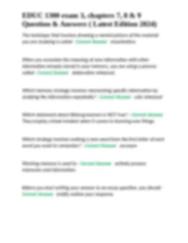 EDUC 1300 Exam 3: Chapters 7, 8 & 9 Question & Answers | Exams Nursing | Docsity