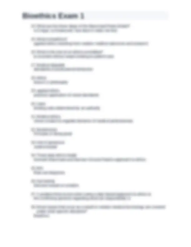 Bioethics Exam 1 questions and answers | Exams Bioethics | Docsity
