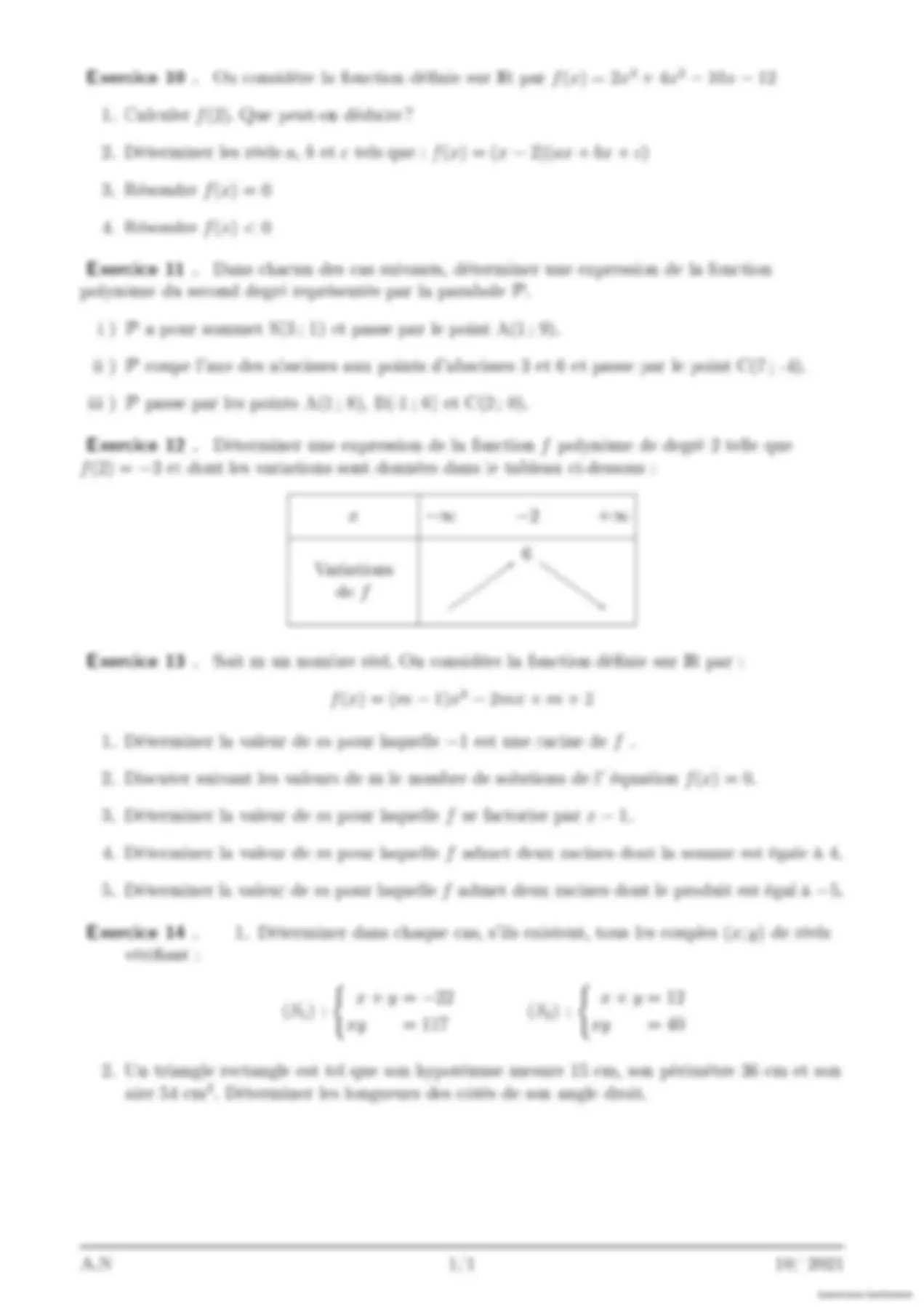 Exercices sur les polynomes du second degre | Exercises Mathematics | Docsity