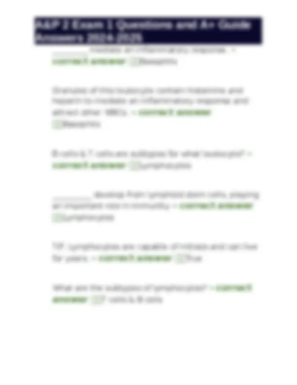 A&P 2 Exam 1 Questions and A+ Guide Answers 2024-2025 | Exams Nursing ...