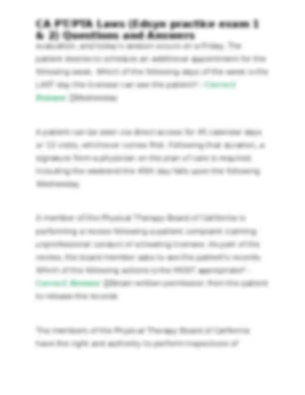 CA PT/PTA Laws (Edsyn practice exam 1 & 2) Questions and Answers ...