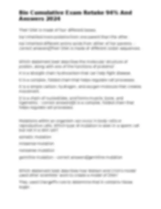 Bio Cumulative Exam Retake 94% And Answers 2024: Biology Multiple ...